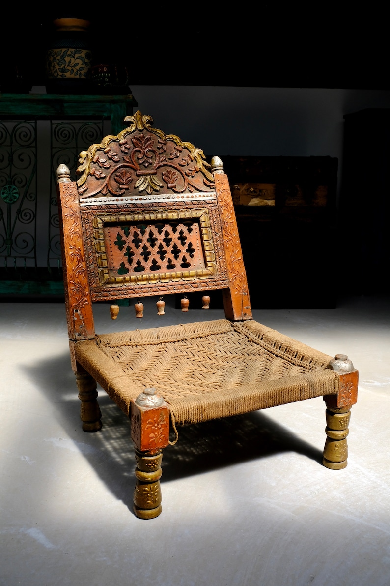 Vintage Rajasthan Pidha Chair: Dark Teak Wood, Exquisite Carvings ...
