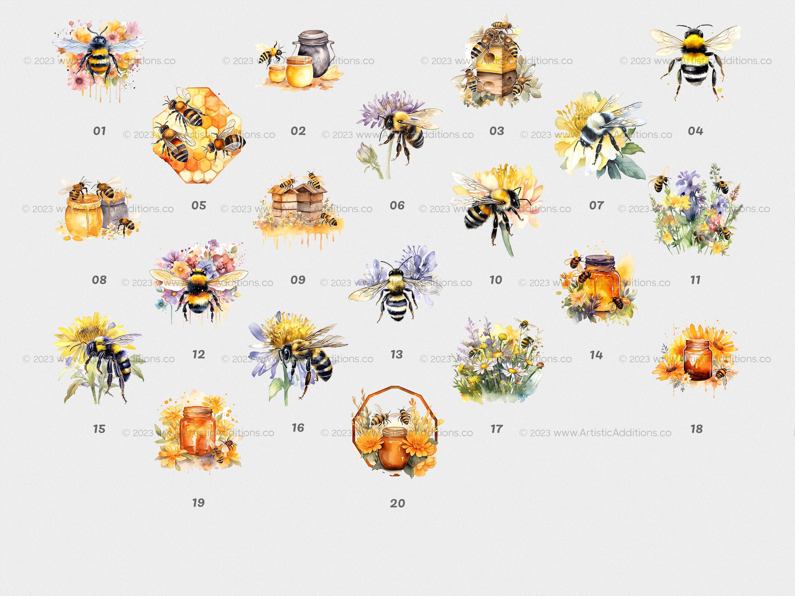 20 PNG Watercolor Honey Bee Spring Clipart Collection - Hand-painted ...