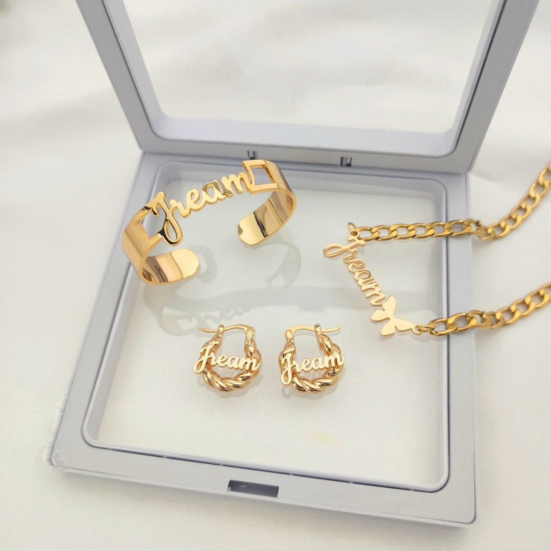 Baby Name Jewelry Set, Custom Hoop Earrings, Gold Name Necklace ...