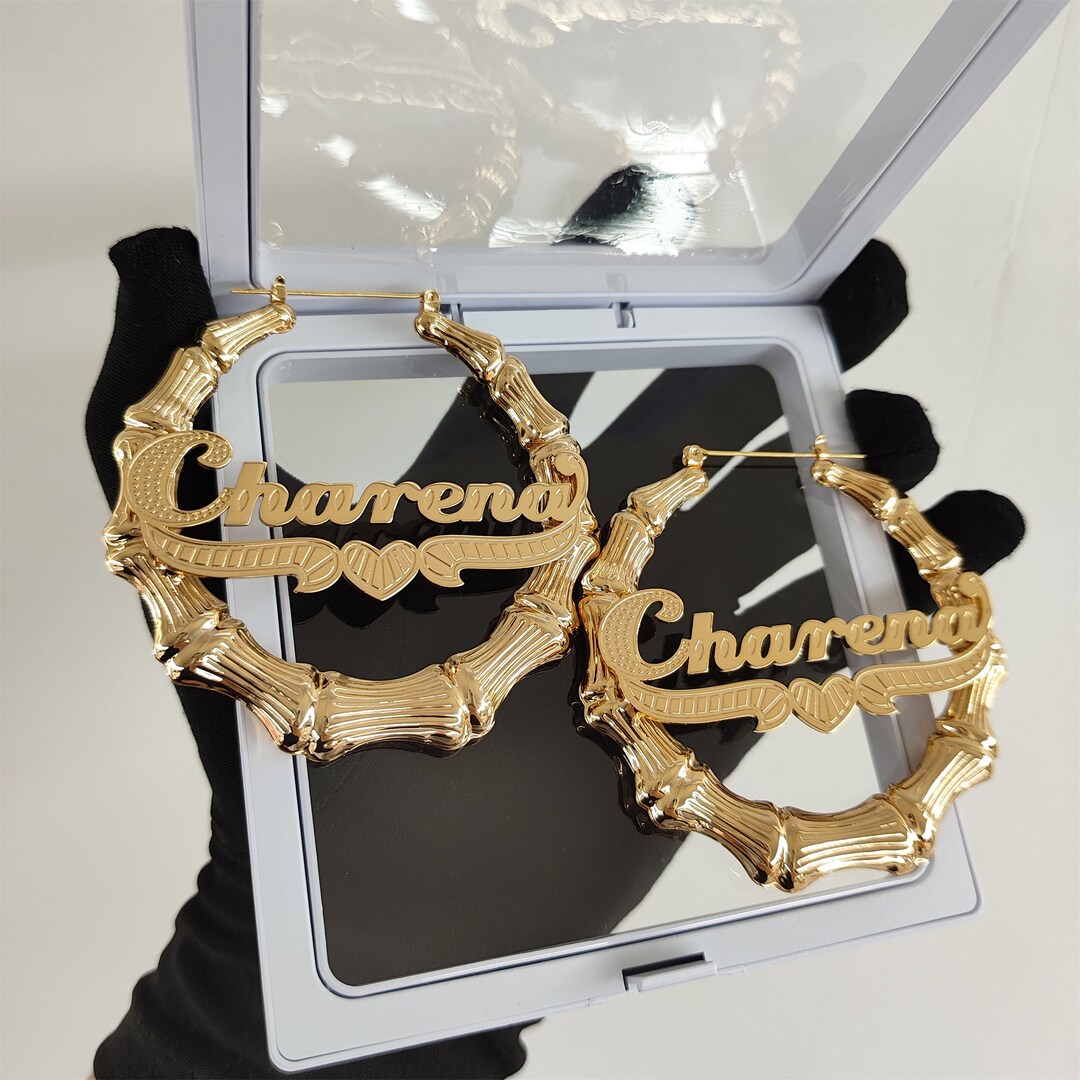 Custom Bamboo Earrings, Name Bamboo Earrings, Personalized Nameplate ...