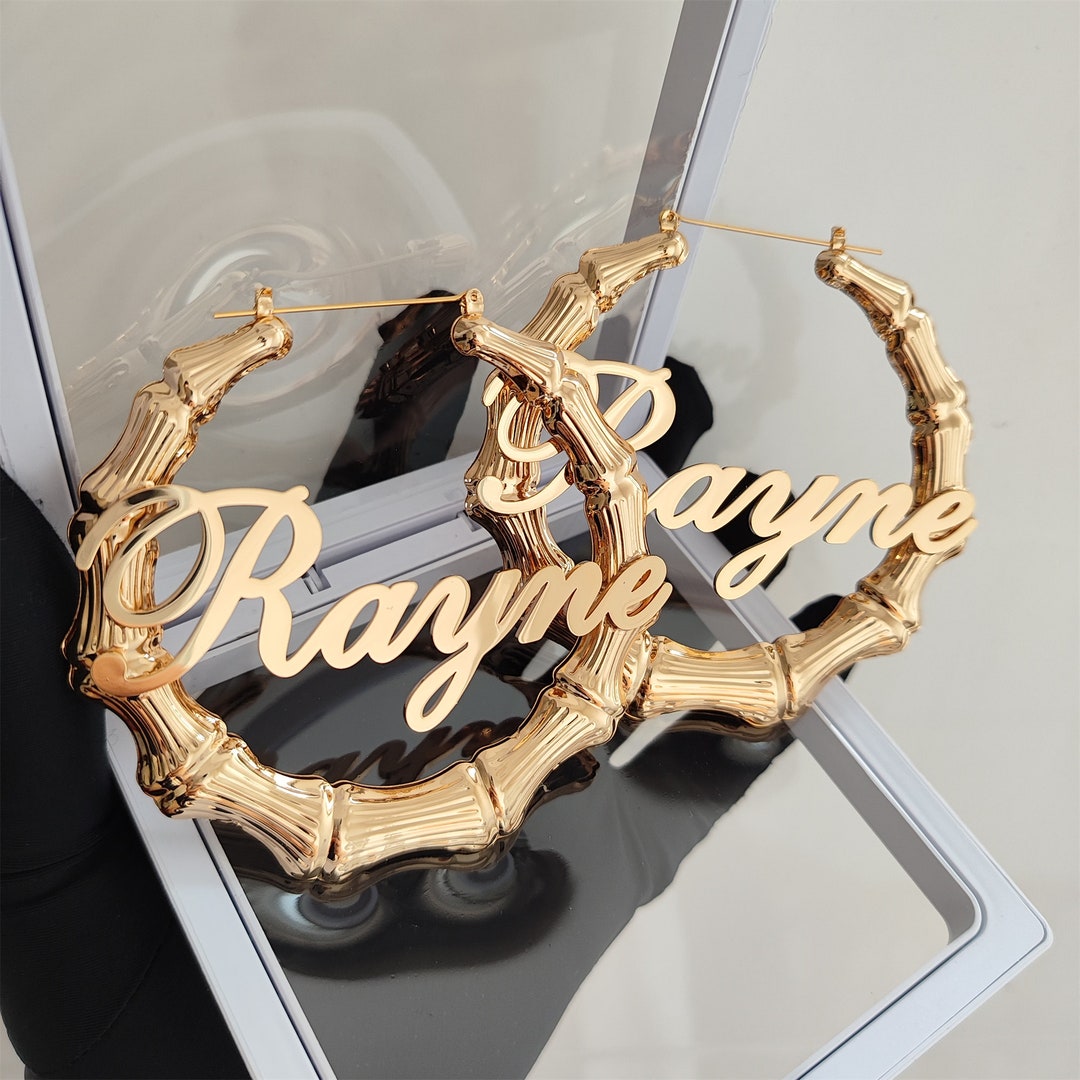 Custom Bamboo Earrings, Bamboo Hoop Earring, Personalized Earring, Name ...