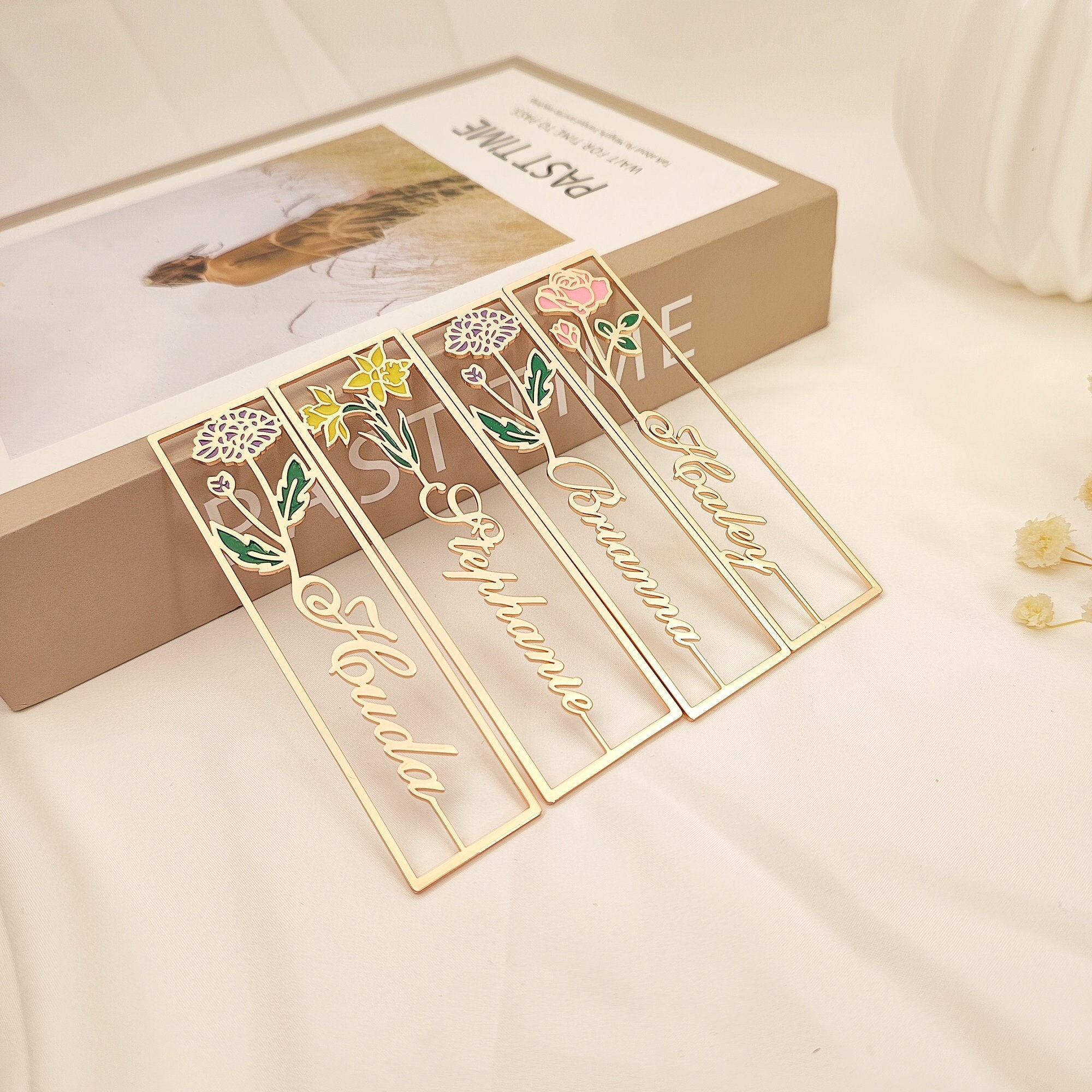 Personalized Colorful Birth Flower Bookmark, Custom Rose Gold Name ...