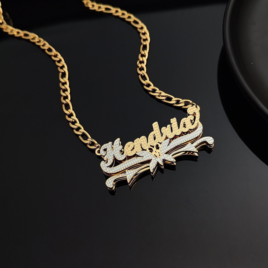 Double Name Plated Necklace, 3D Nameplate Necklace, Two Tone Name ...