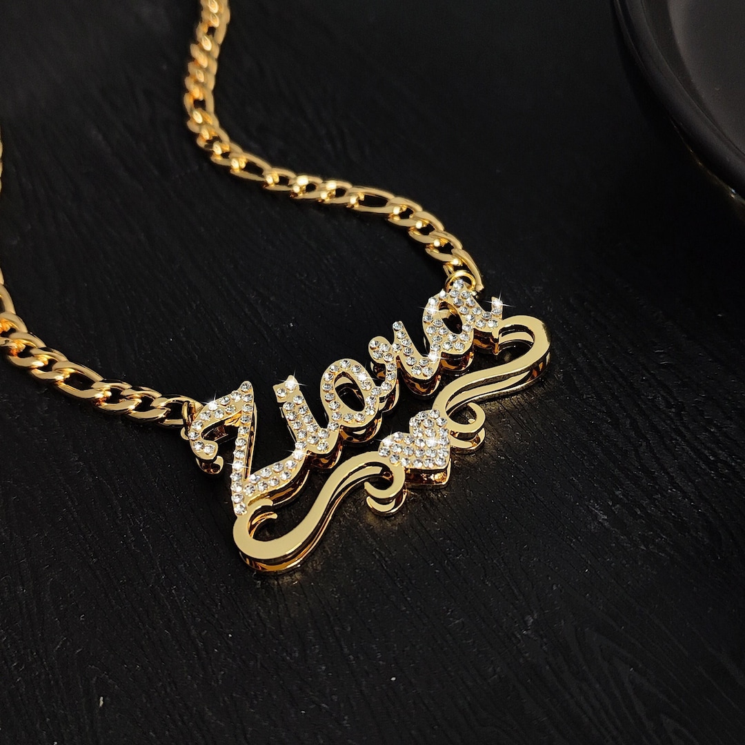 Custom Double Plate Diamond Heart Name Necklace, Bling Nameplate ...