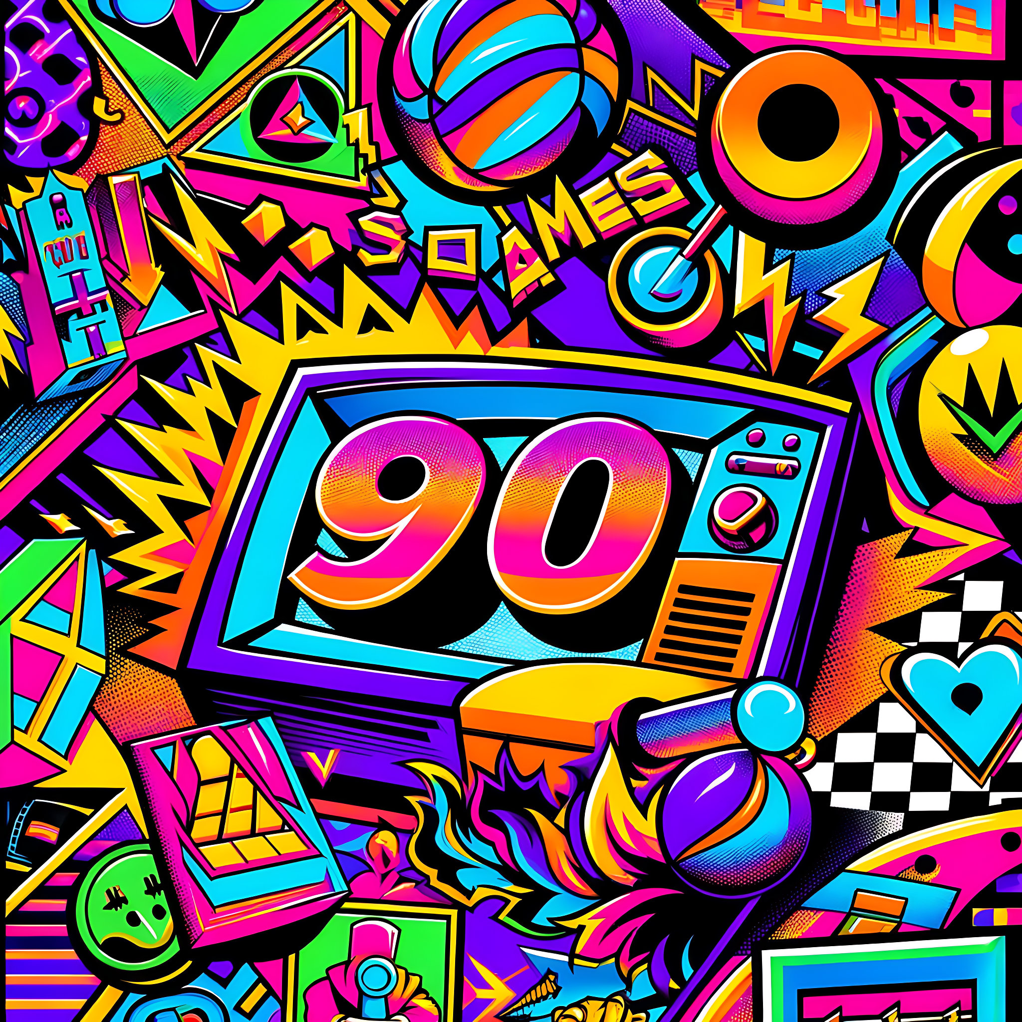 Vibrant 90's Games Art Print – Retro Pop Culture Wall Decor, Colorful ...