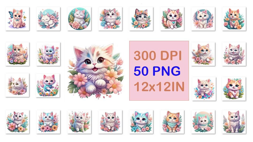50 Cute Kitten Floral Clipart PNG Bundle | 12x12 Inch High-resolution ...