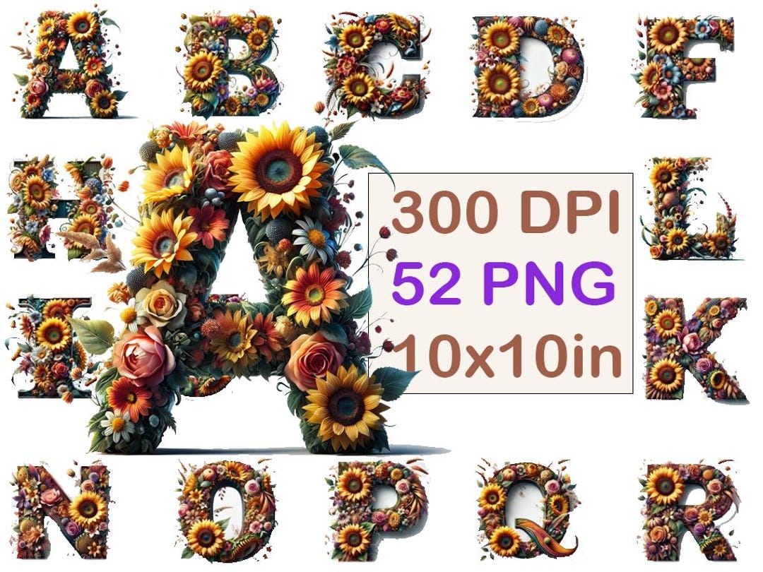Floral Alphabet PNG Bundle | 52 Unique Floral Letters | High-resolution ...