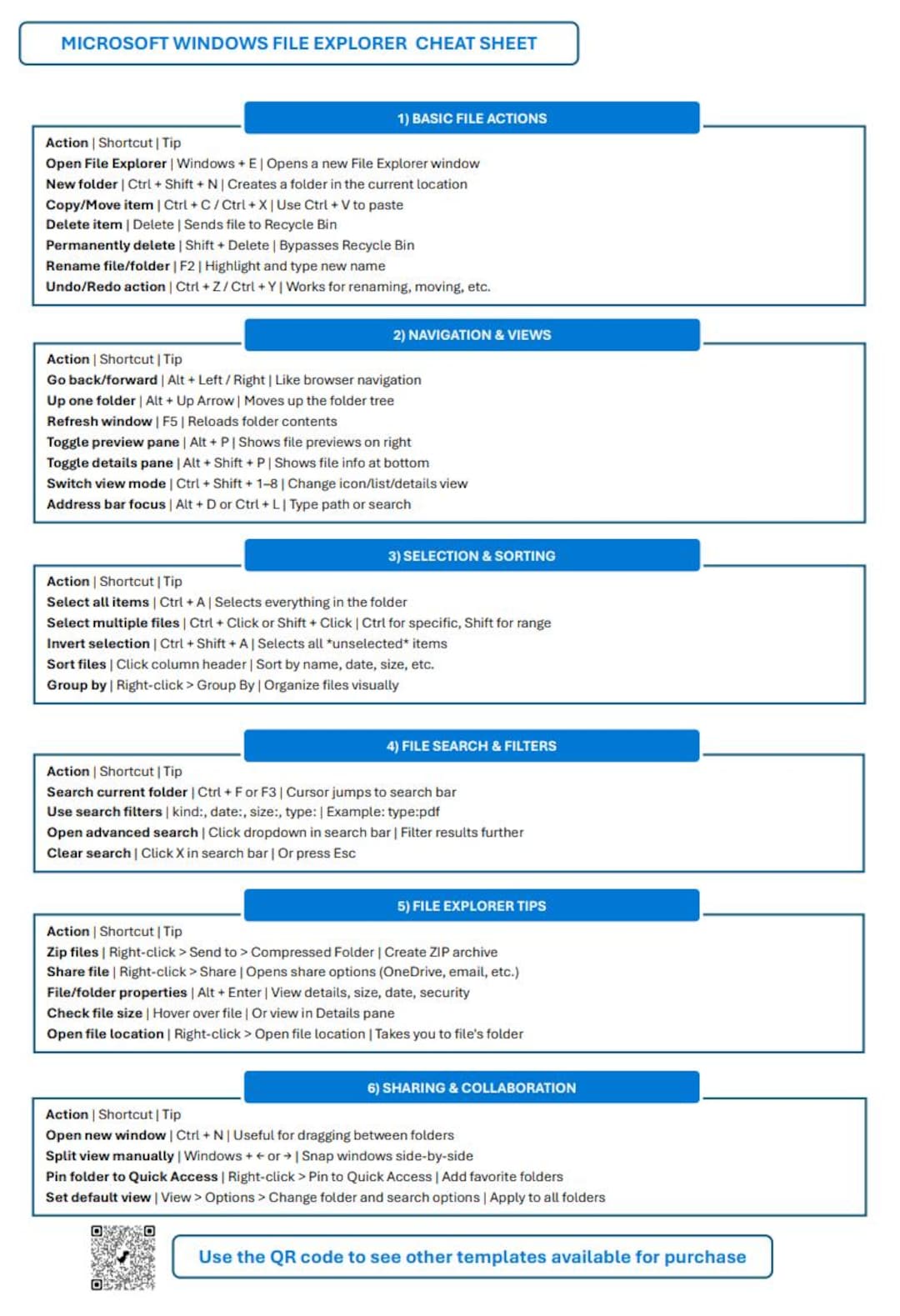Microsoft File Explorer Cheat Sheet Template - PDF Digital Download - Etsy