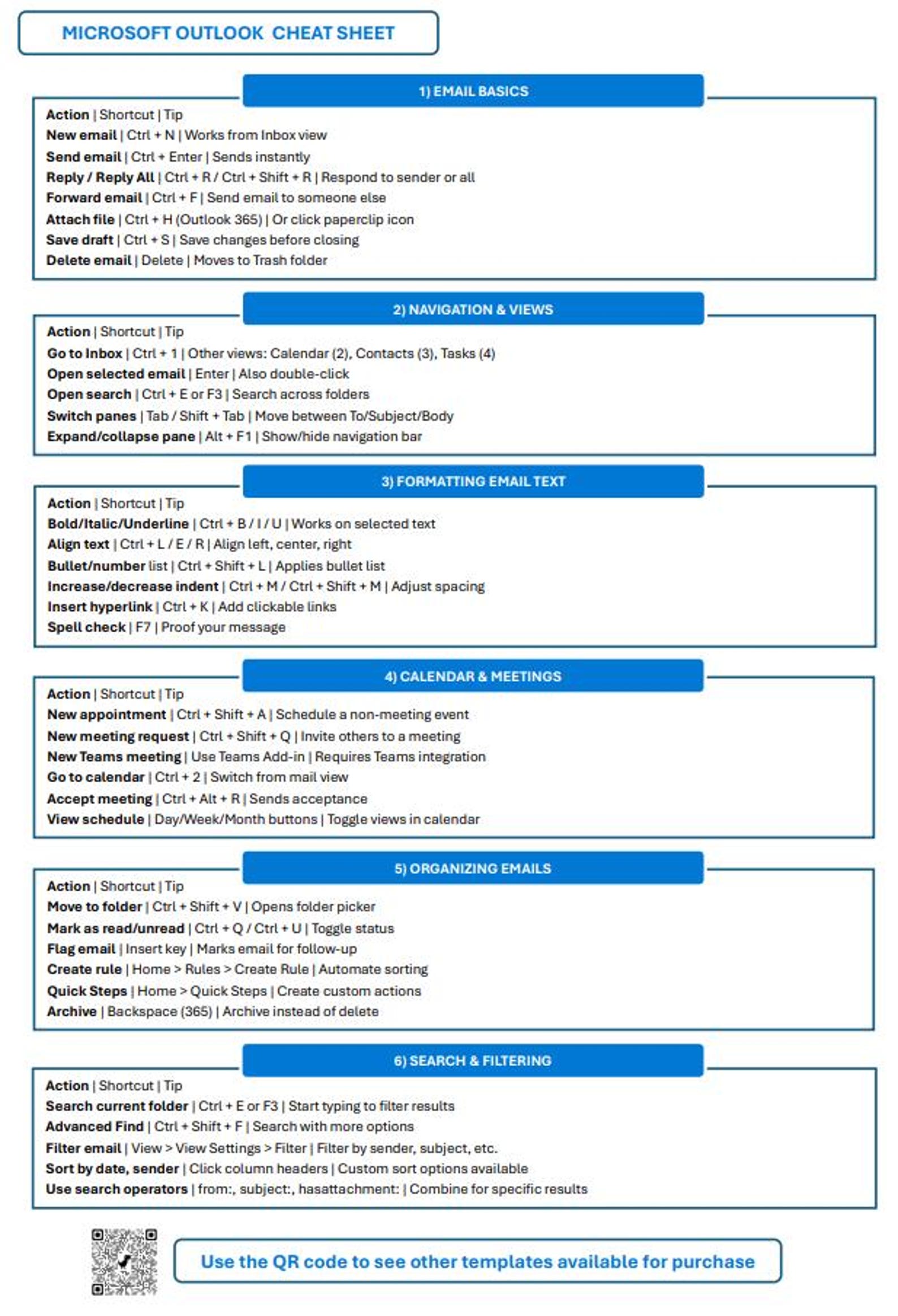 Microsoft Outlook Cheat Sheet Template - PDF Digital Download - Etsy