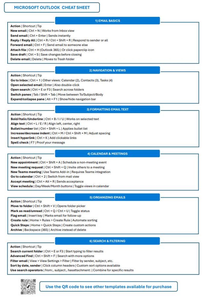Microsoft Outlook Cheat Sheet Template - PDF Digital Download - Etsy