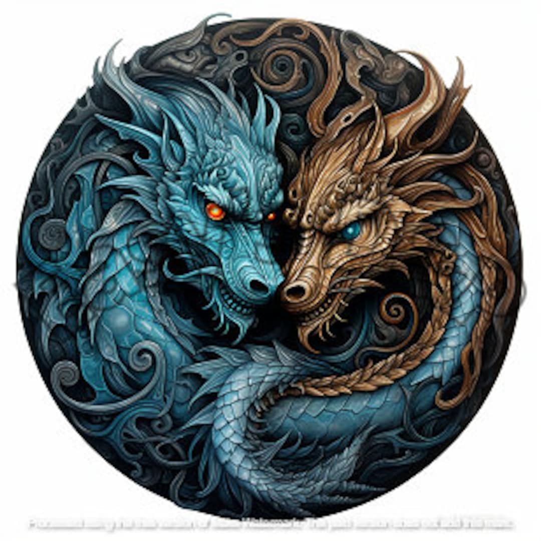 Ying Yang Dragons Digital Image Gold Turquoise - Etsy