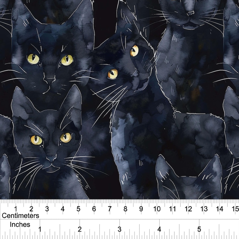 Black Cat Fabric, 1/2 Yard Minimum, 100% Cotton Fabric, Cartoon Fabric ...