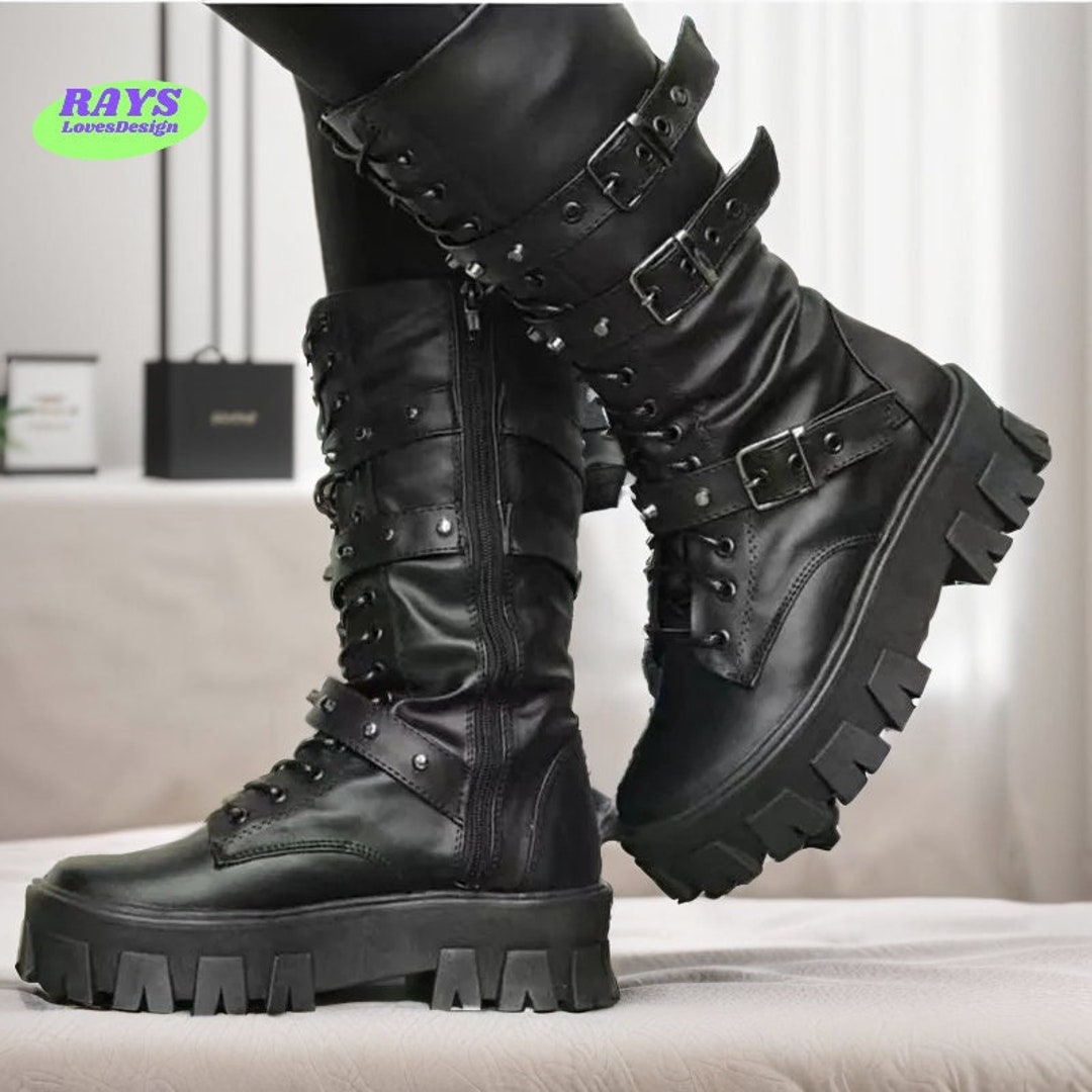 Platform Punk Lace-up Zipper Mid Calf Boots, Knee High Boots ...