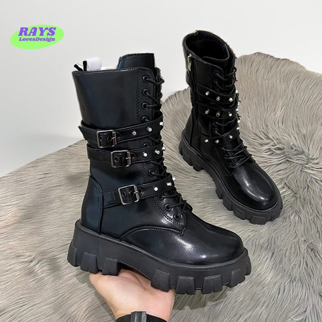 Punk Army Chunky Heels Mid Calf Boots, Platform Boots, Studded Belt ...