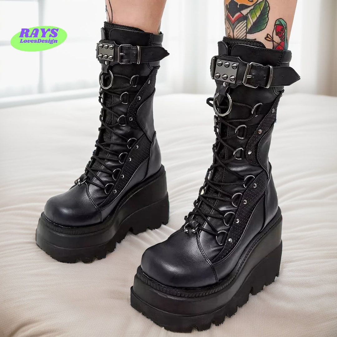 Punk Goth Mid-calf Boots, High Platform Wedges Platform Boots, Buckle ...