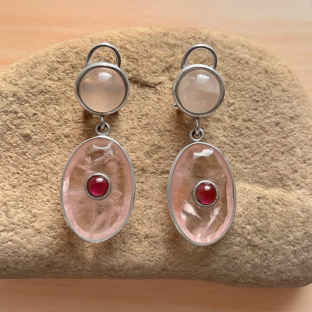 Morganite With Ruby & Rose Quartz Earrings : 925 Sterling Silver ...