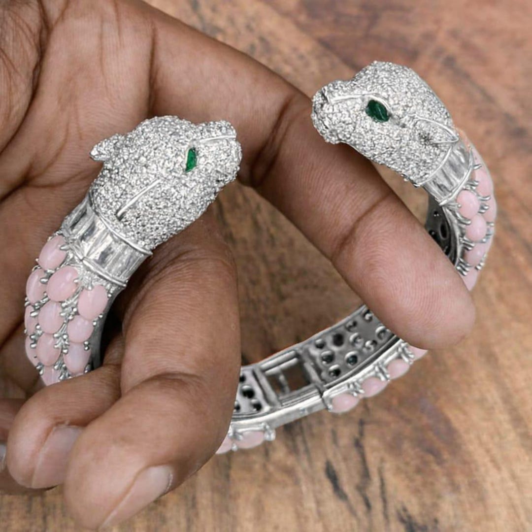 Rose Quartz & Emerald Bangle : Tiger Head Bangle , 925 Sterling Silver ...