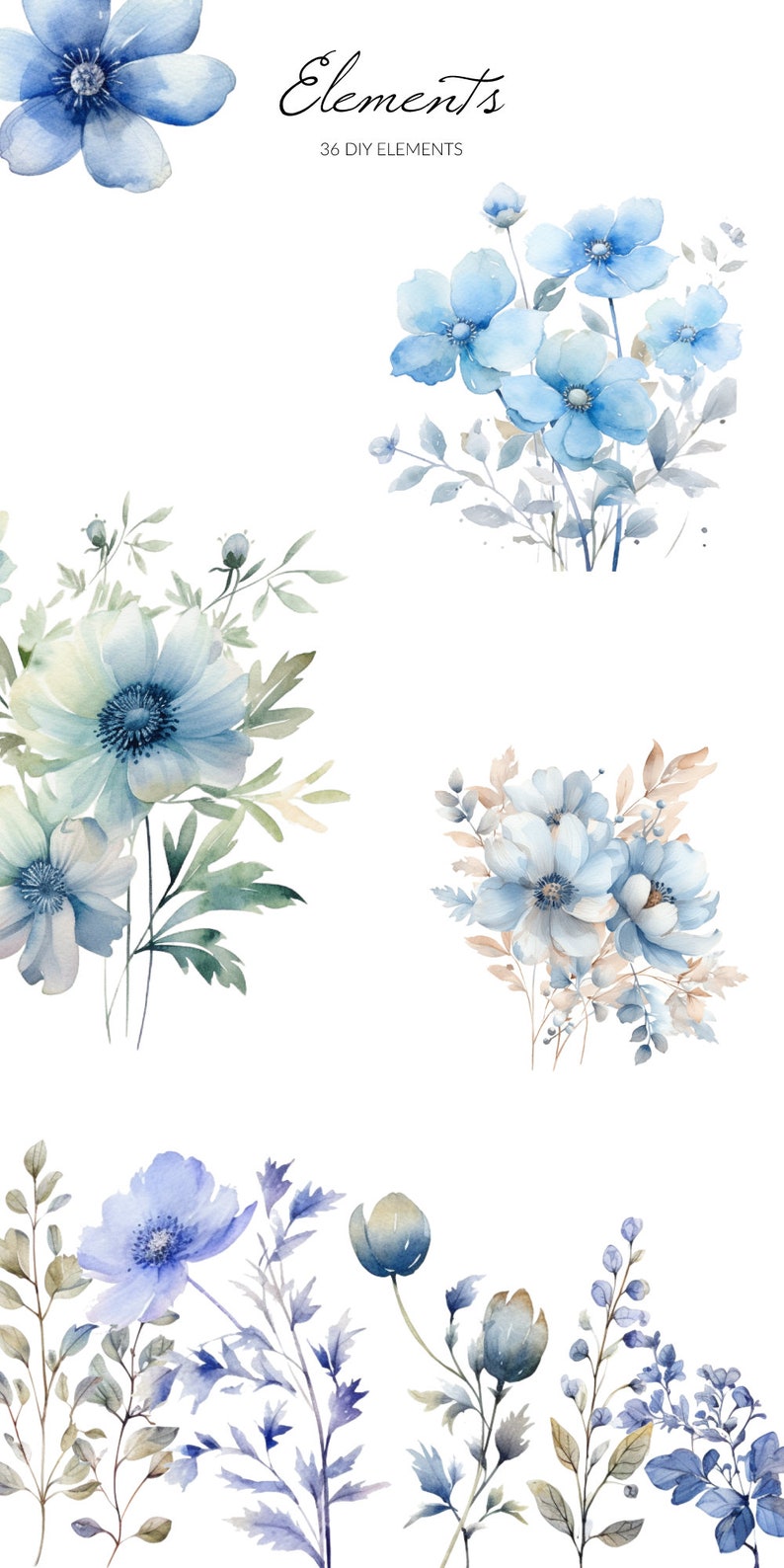 Blue Flowers Clipart - Blueish Floral - Watercolor Floral Clipart ...