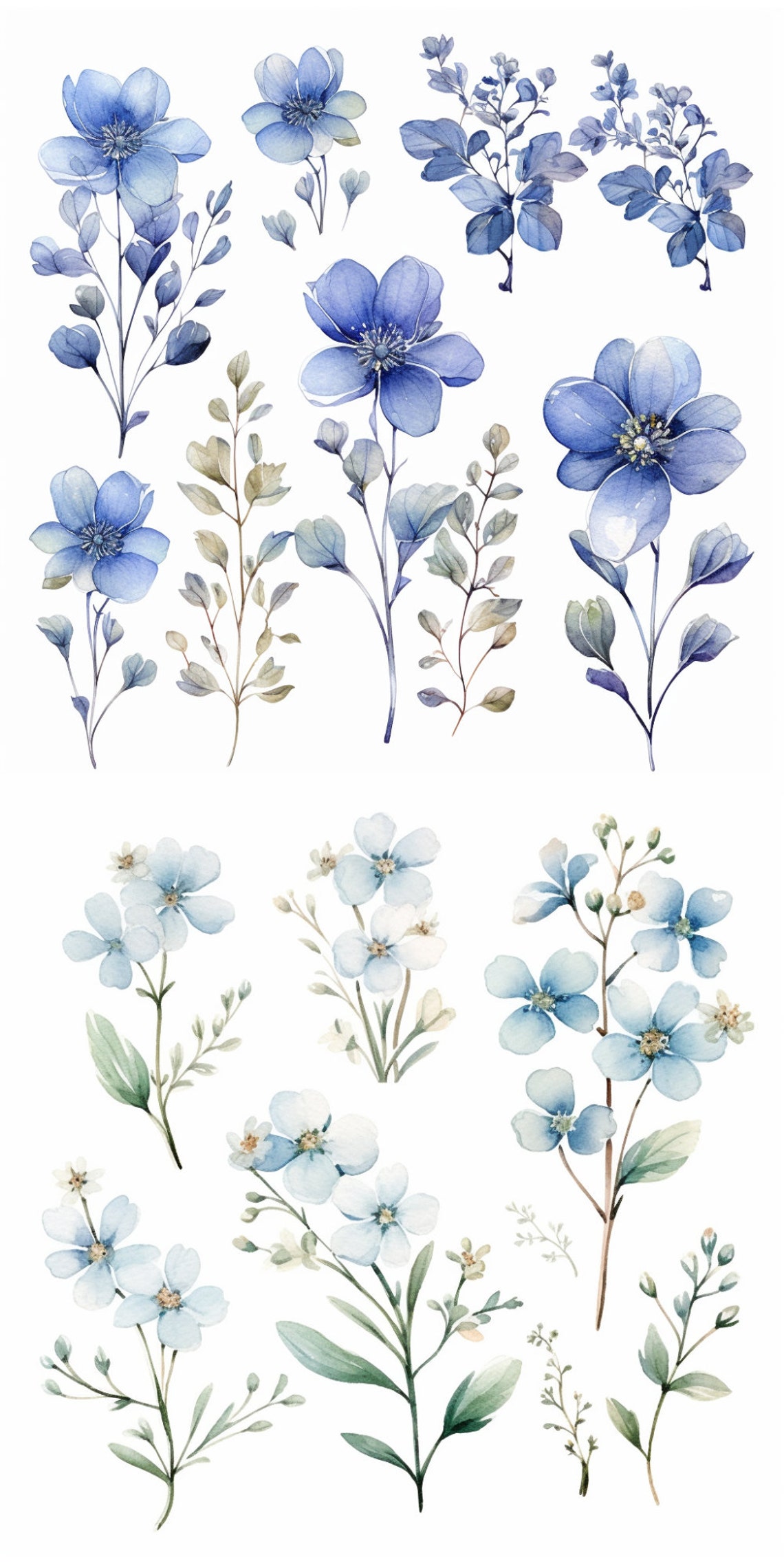 Blue Flowers Clipart Blueish Floral Watercolor Floral Clipart Floral ...