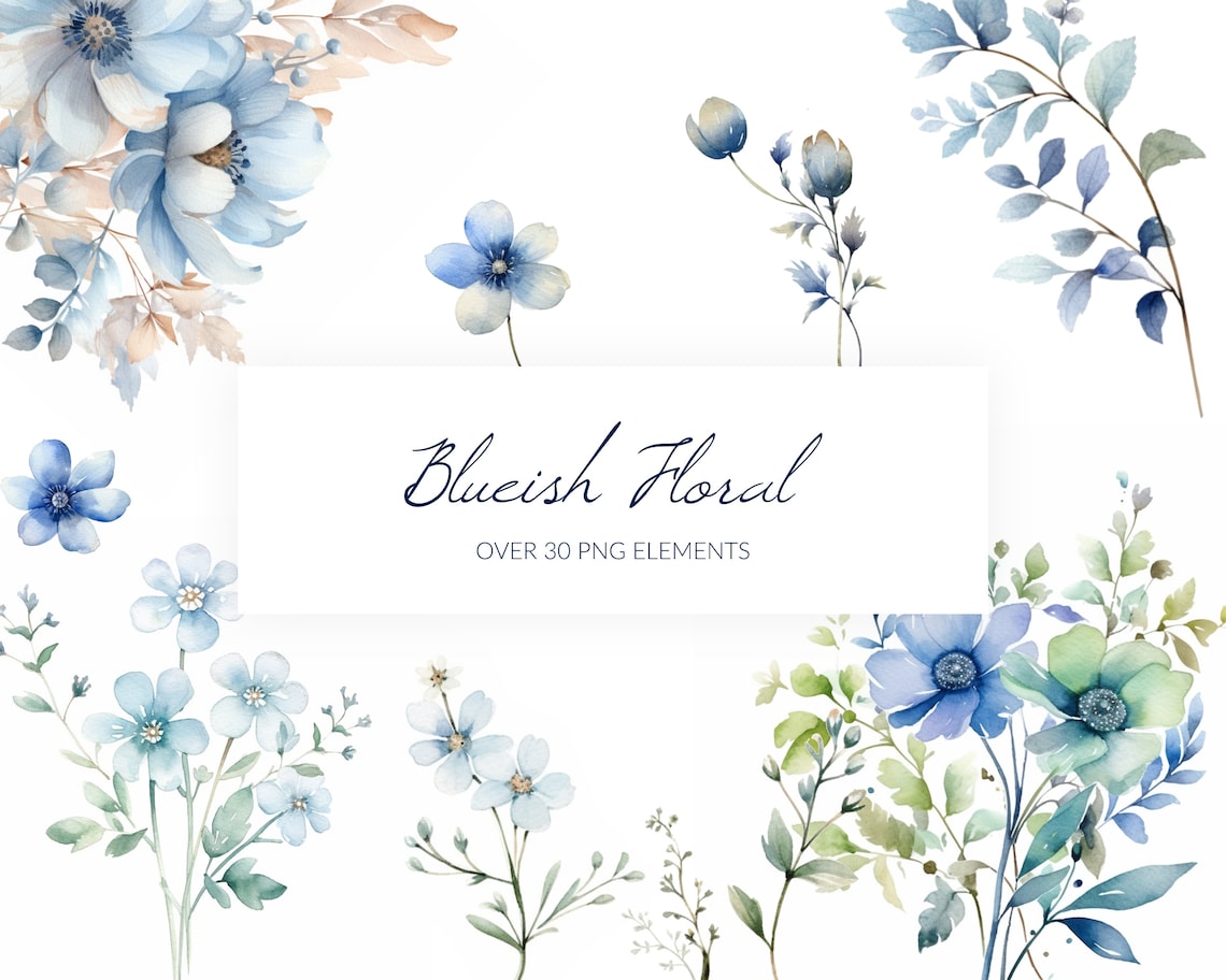 Blue Flowers Clipart Blueish Floral Watercolor Floral Clipart Floral ...