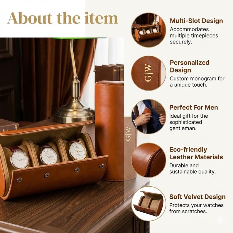 Personalized Brown Leather Watch Roll With Initials: 1-slot Travel ...