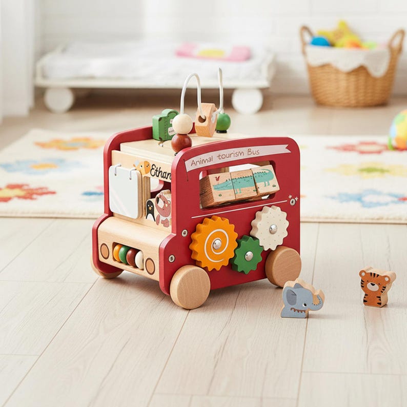 Personalized Name Wooden Bus Toy, Montessori Activity Red Bus for ...