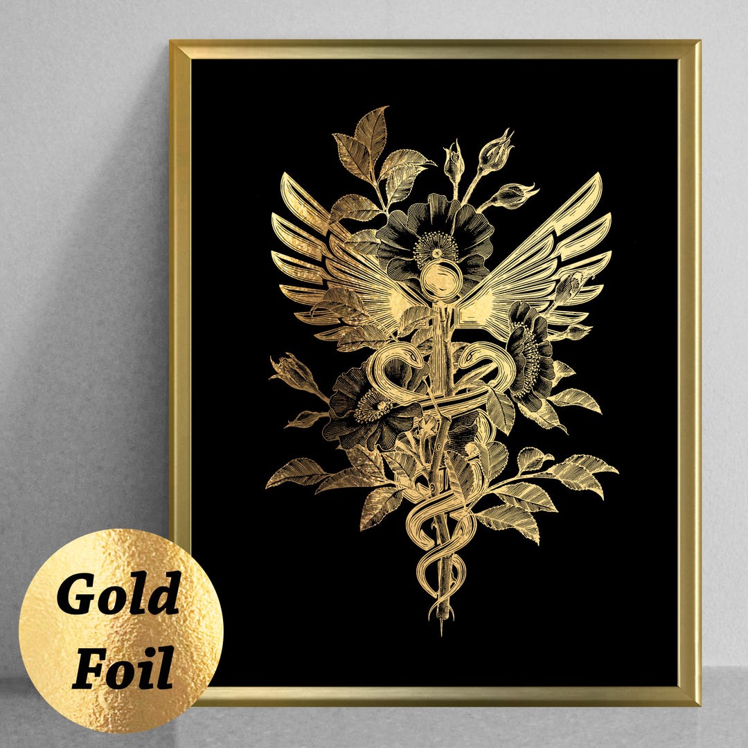Gold Caduceus Art, Medical Symbol Art, Doctor Gift, Nurse Gift, Scientist Graduation, Clinic ...