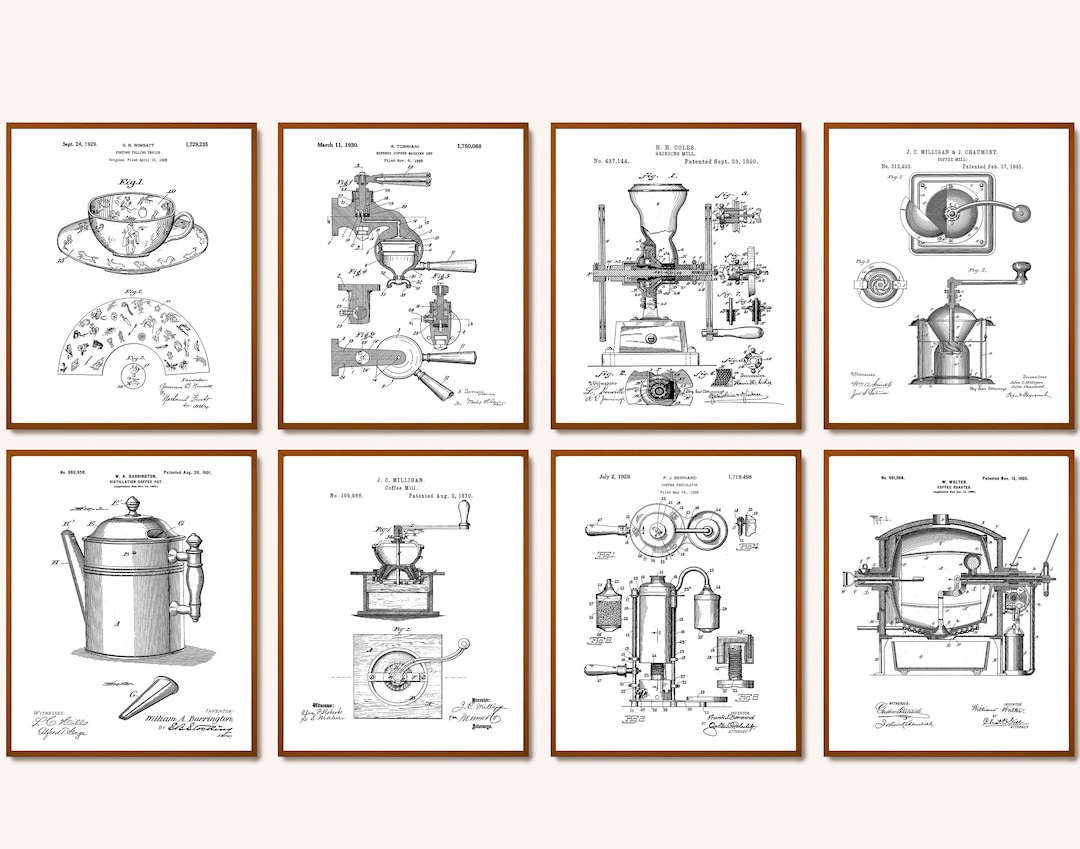 8 Coffee Patent Prints Drink Blueprint Coffee Mill Patent Coffee Pot ...