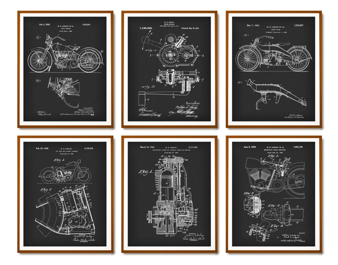 6 Harley Davidson Patent Prints Motorcycle Blueprint Bike Art Mechanic ...