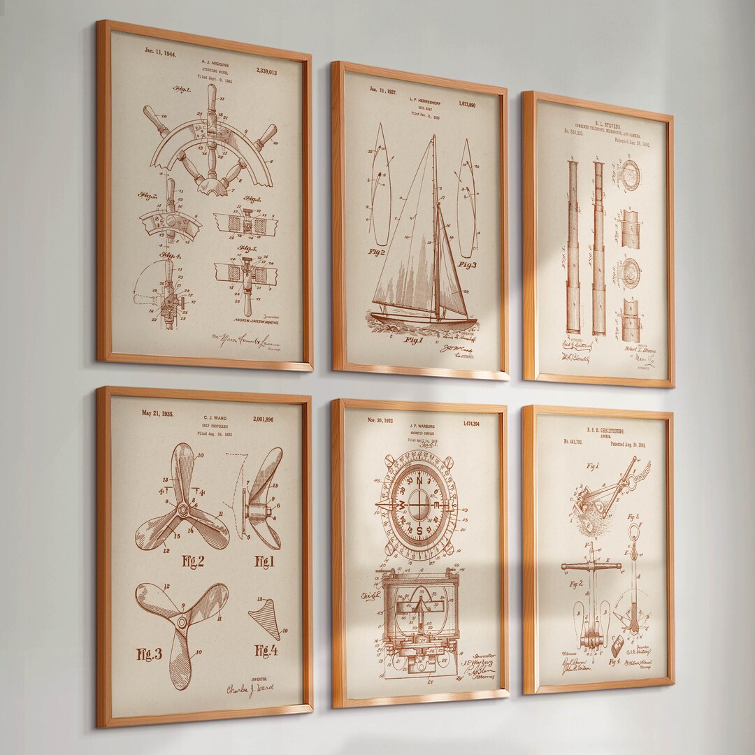 6 Maritime Patent Prints Nautical Blueprint Marine Poster Deepwater ...