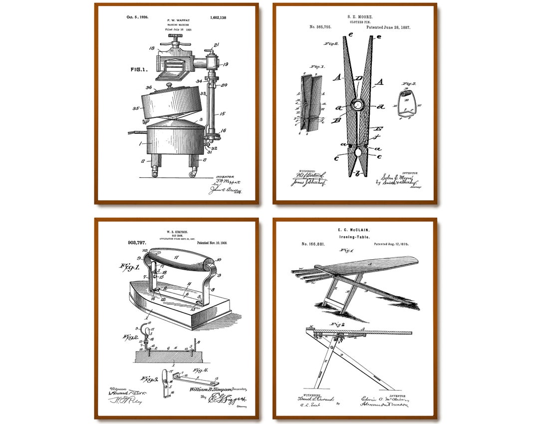 4 Vintage Laundry Room Decor Washing Patent Prints Cleaning Blueprint ...