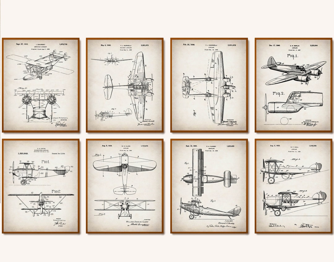 8 Vintage Airplane Patent Prints Aircraft Blueprint Air Force Art ...