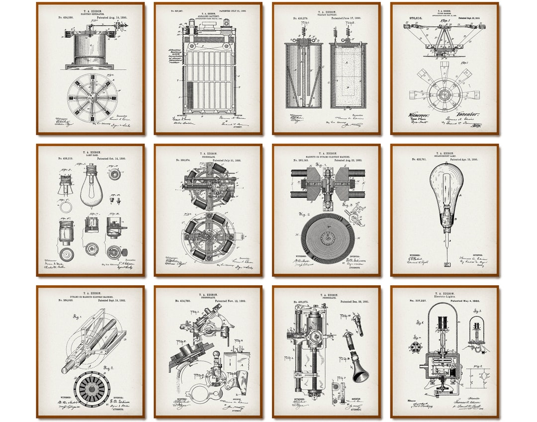 12 Thomas Edison Patent Prints Electricity Blueprint Science Art ...