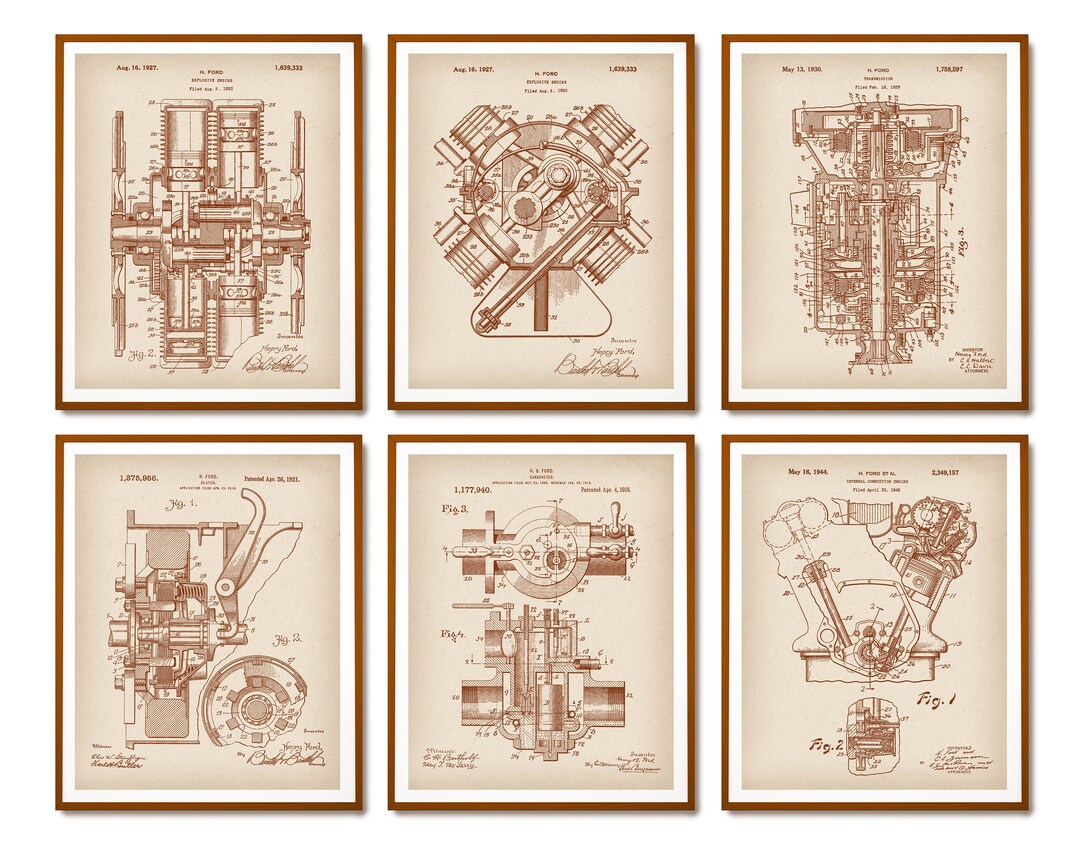 6 Henry Ford Inventions Patent Prints Car Engine Blueprint Carbureter ...