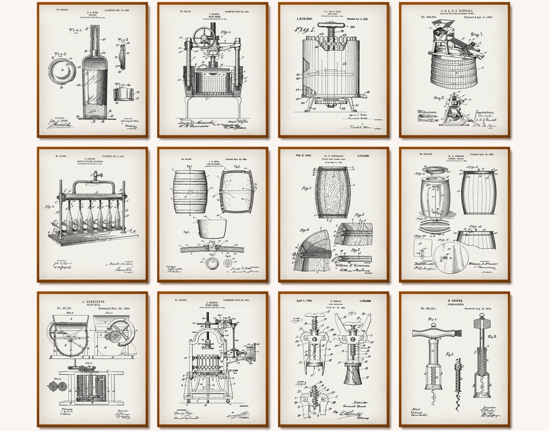 12 Wine Patent Prints Wine Manufacture Poster Wine Making Blueprint ...