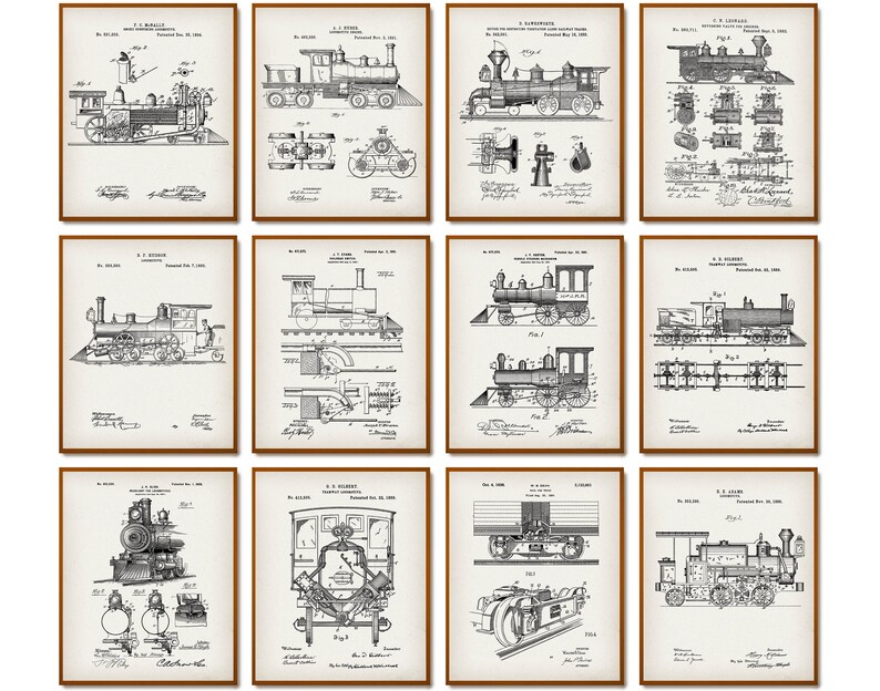 12 First Train Patent Prints Locomotive Blueprint Diesel Art Railway ...