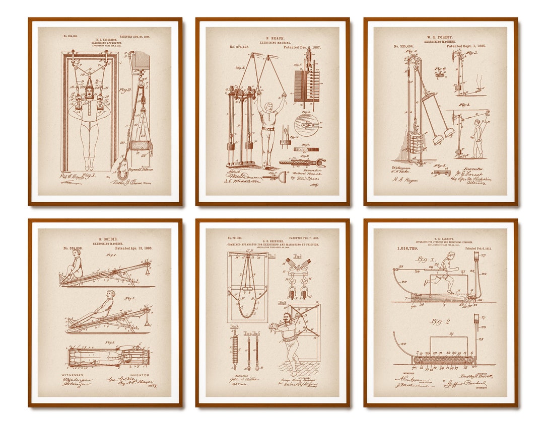 6 Vintage Workout Patent Prints Gym Equipment Blueprint Bodybuilding ...