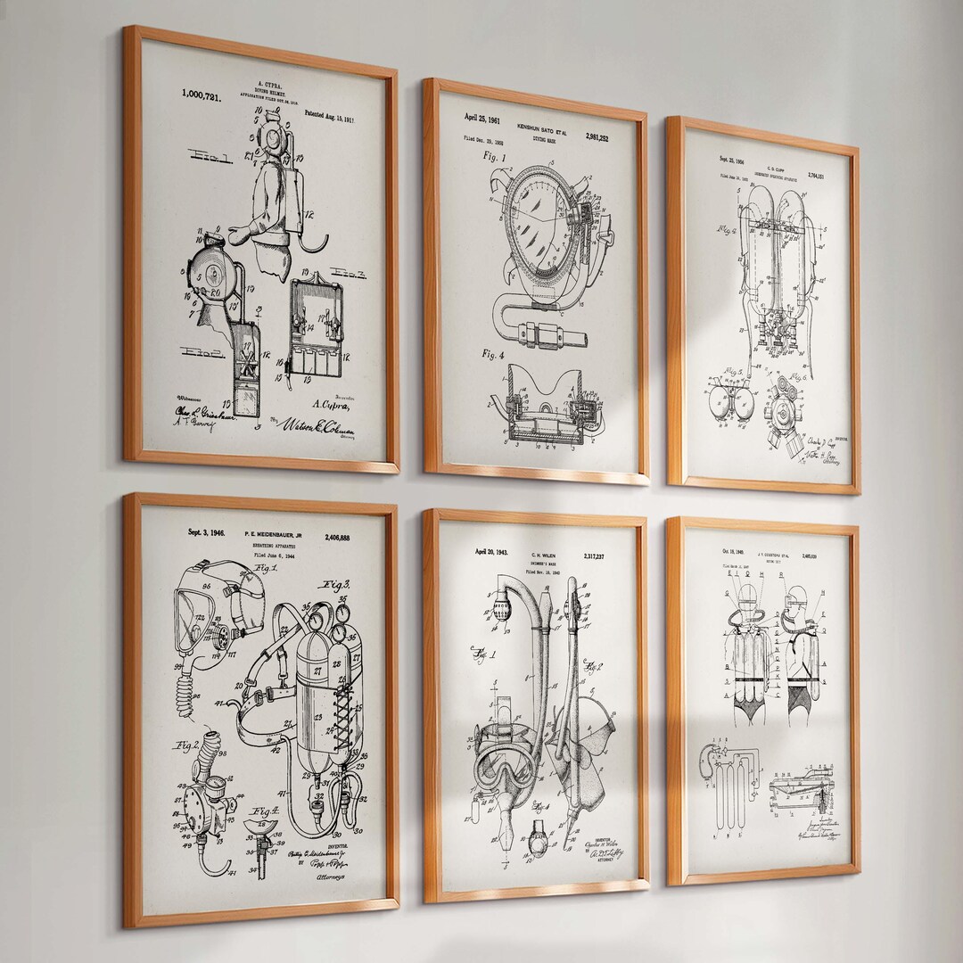 6 Scuba Diving Patent Print Snorkling Blueprint Diver Gift Swimmer Gift ...