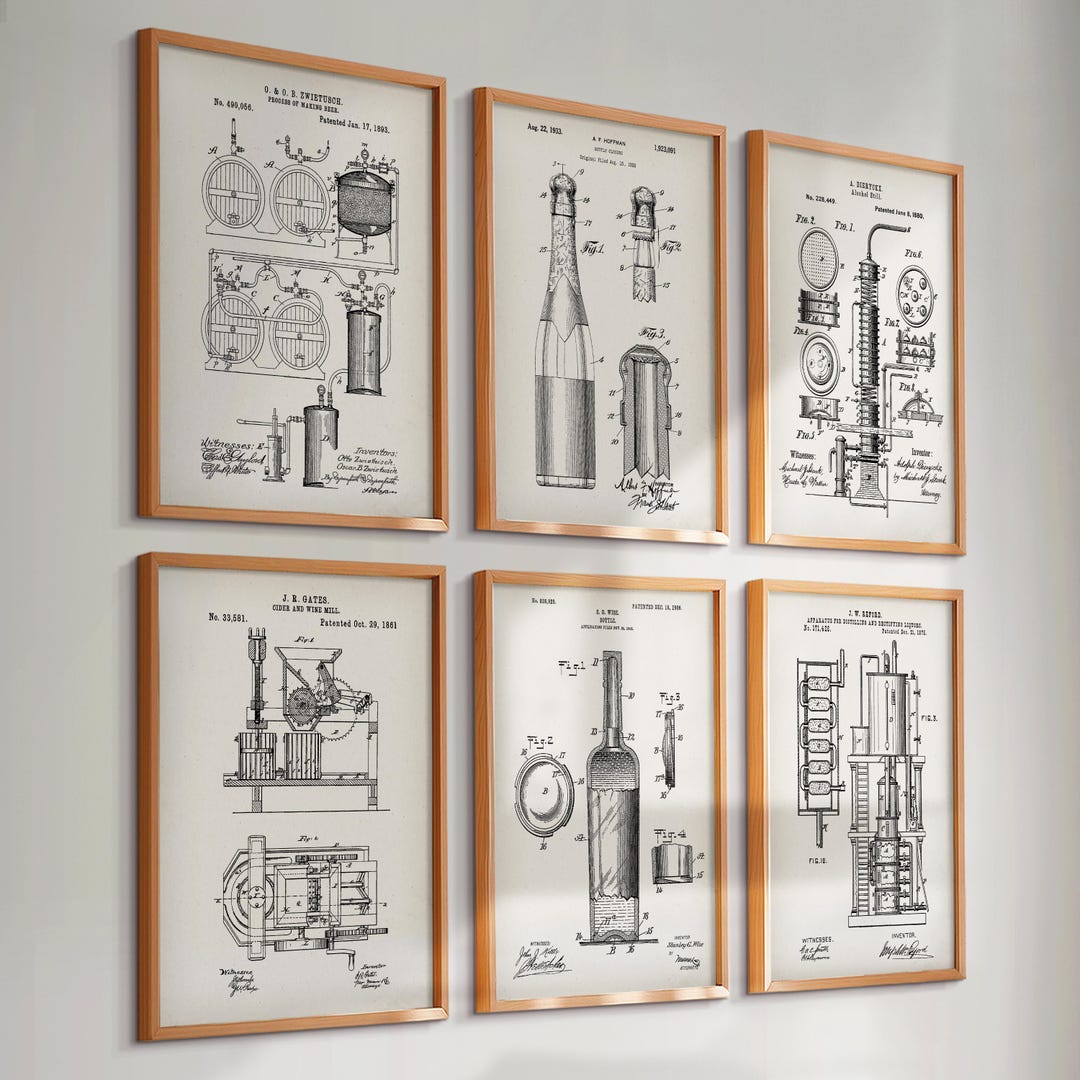 6 Alcohol Types Patent Prints Whiskey Blueprint Beer Making Wine ...