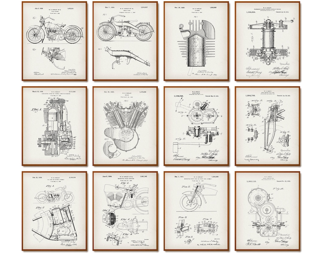 12 Vintage Harley Davidson Motorcycle Patent Prints Motorbike Blueprint ...