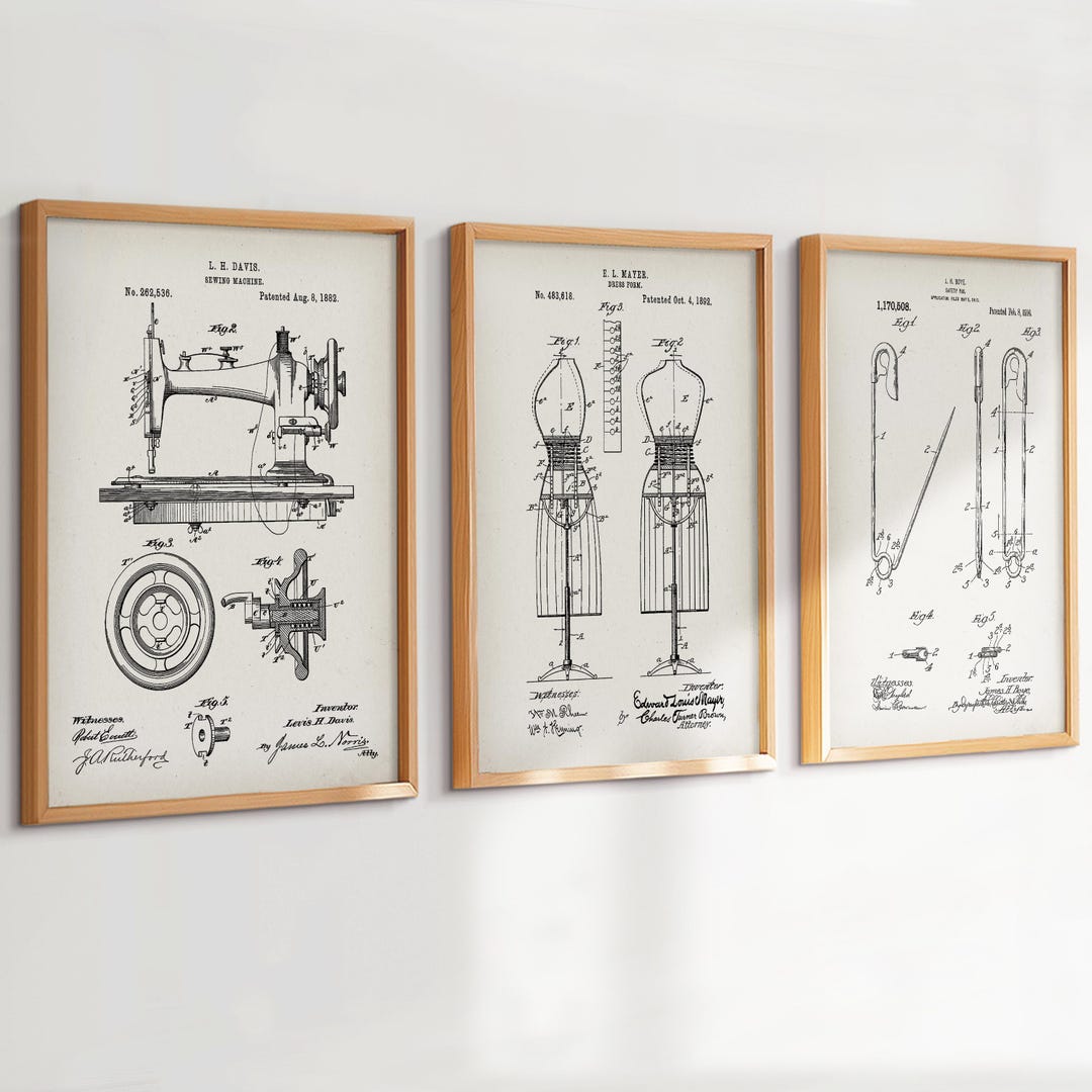 3 Vintage Sewing Patent Prints Crafting Art Blueprint Art Sewing ...