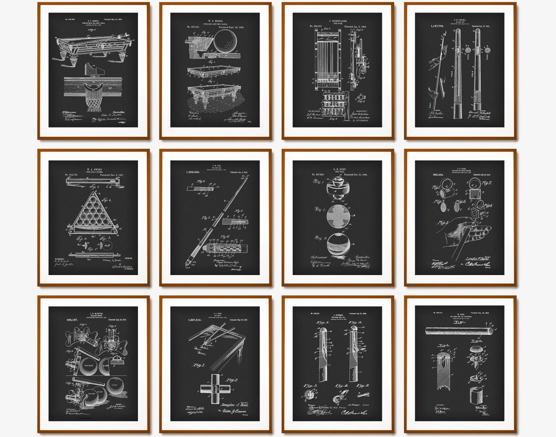 12 Billiards Patent Prints Game Blueprint Snooker Cue Patent Billiard ...