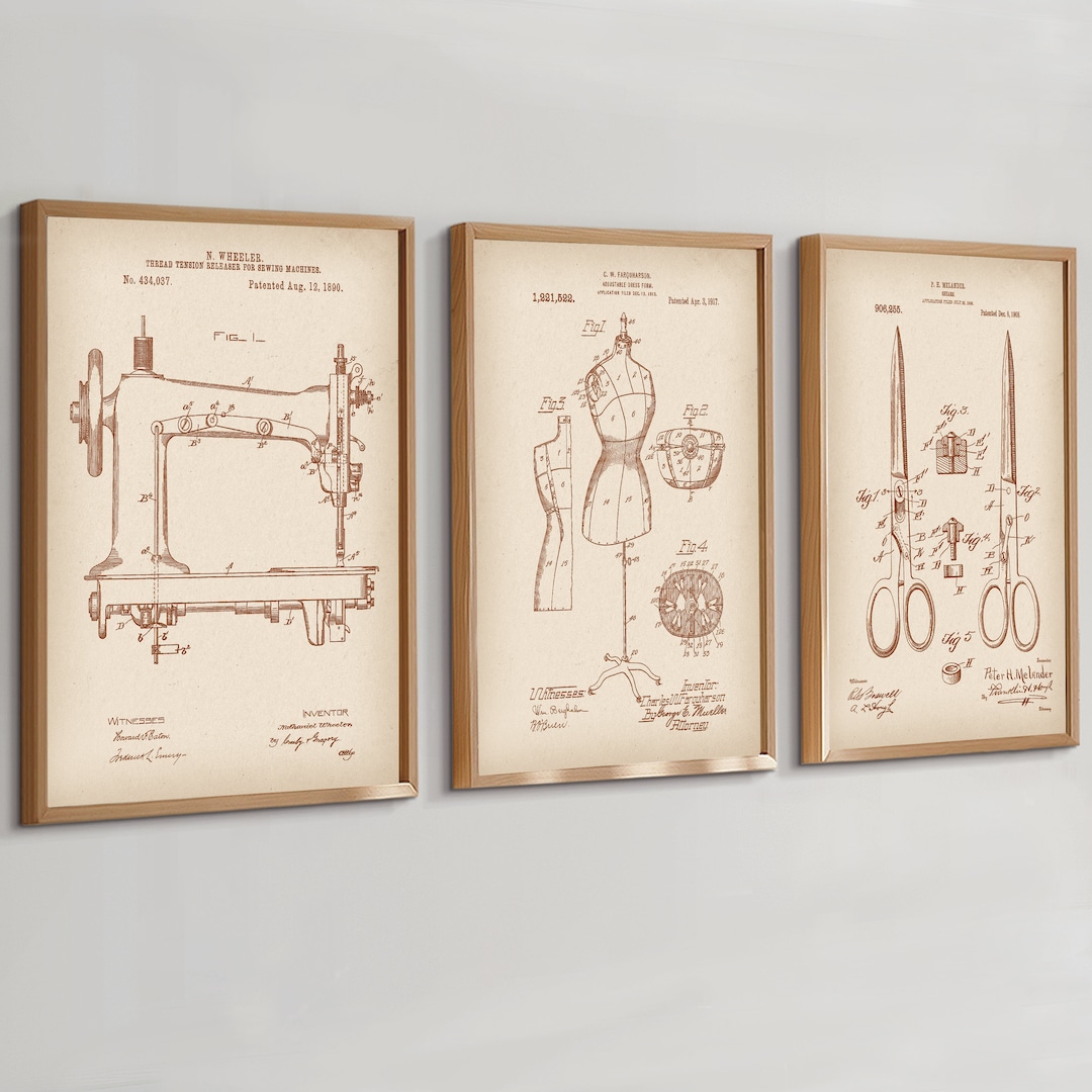 3 Sewing Blueprints Vintage Crafting Patent Prints Sewing Machine Art ...
