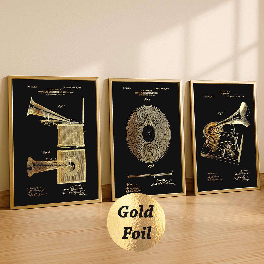 3 Gramophone Patent Prints Music Box Blueprint Audio Art Record Plate ...