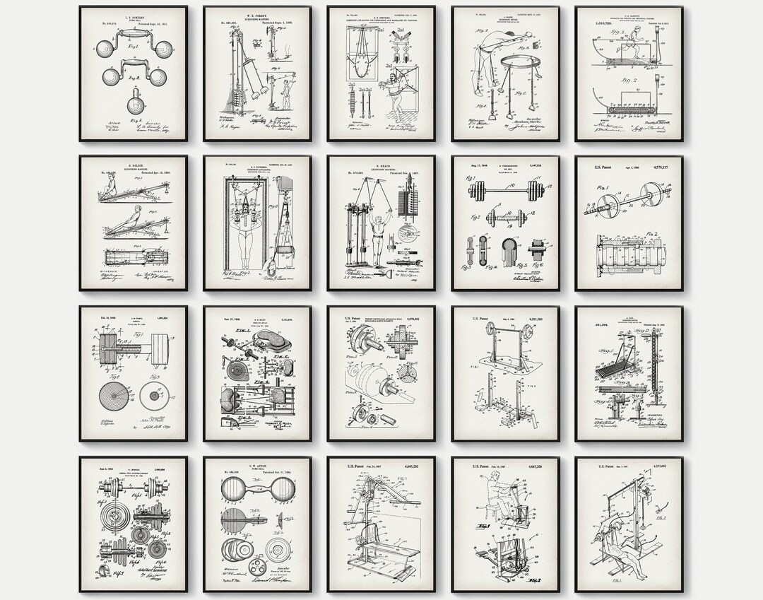 20 Gym Patent Prints Vintage Workout Exercises Blueprint Sports Device ...