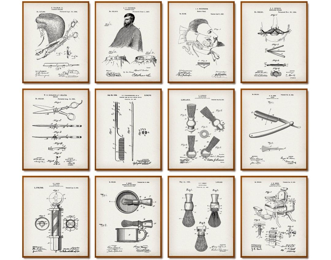 12 Vintage Barber Shop Patent Prints Beauty Salon Blueprint Cosmetic ...