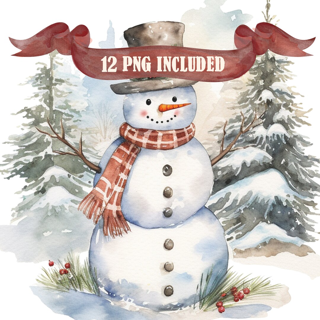12 Watercolor Snowman Clipart Bundle Winter Scenery Christmas Clipart ...