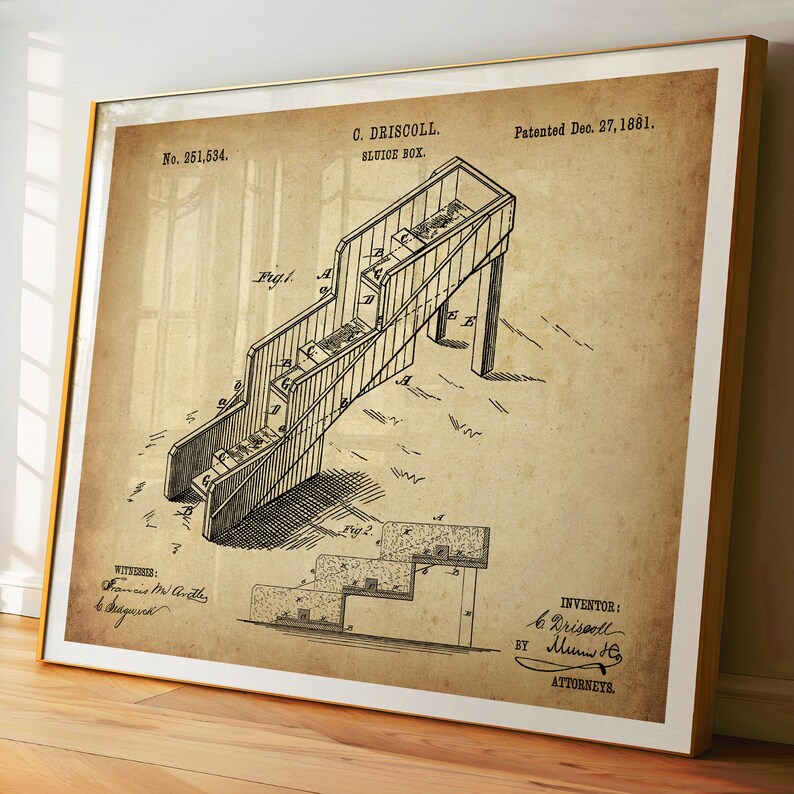 4 Vintage Gold Mining Patent Prints Prospecting Blueprint Klondike Art ...
