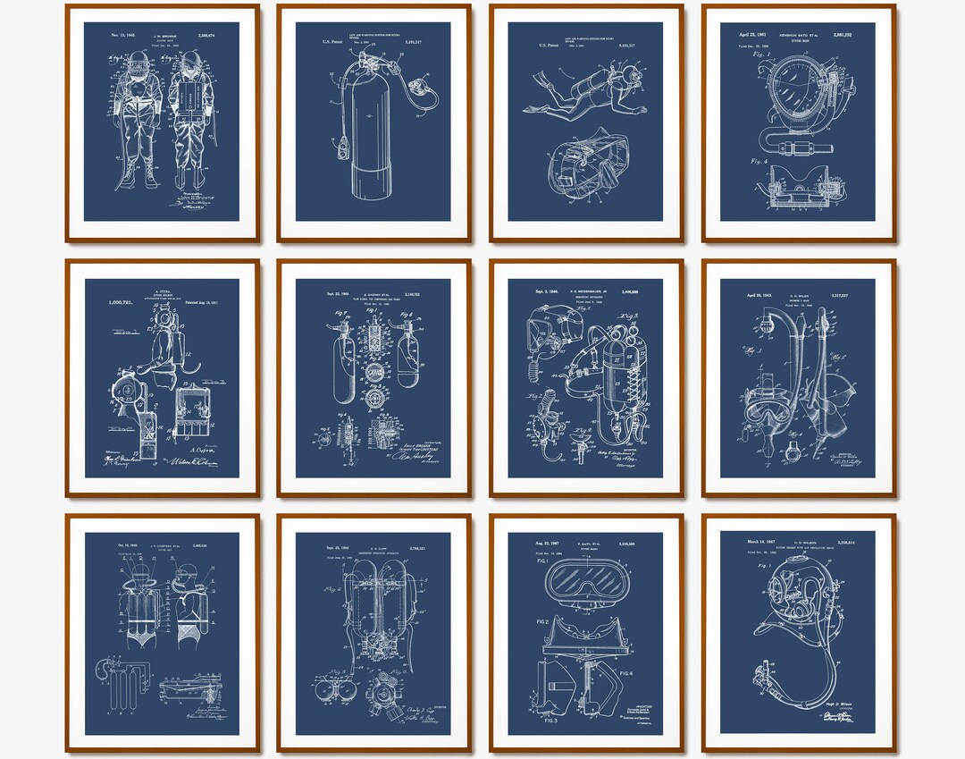 12 Deep Sea Diving Patent Prints Snorkelling Equipment Blueprint Scuba ...