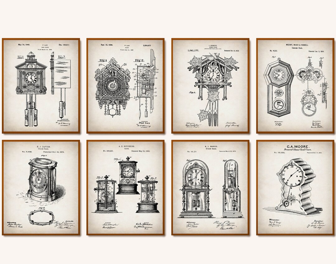 8 Vintage Clock Patent Print Wall Clock Blueprint Cuckoo Clock Scheme ...